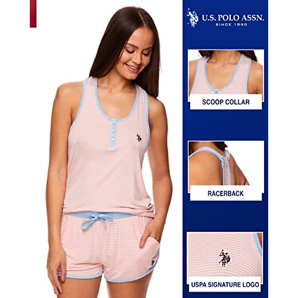 U.S. Polo Assn. Womens Racerback Tank Top and Pajama Shorts with Pockets Lounge Sleep Set Pink Large