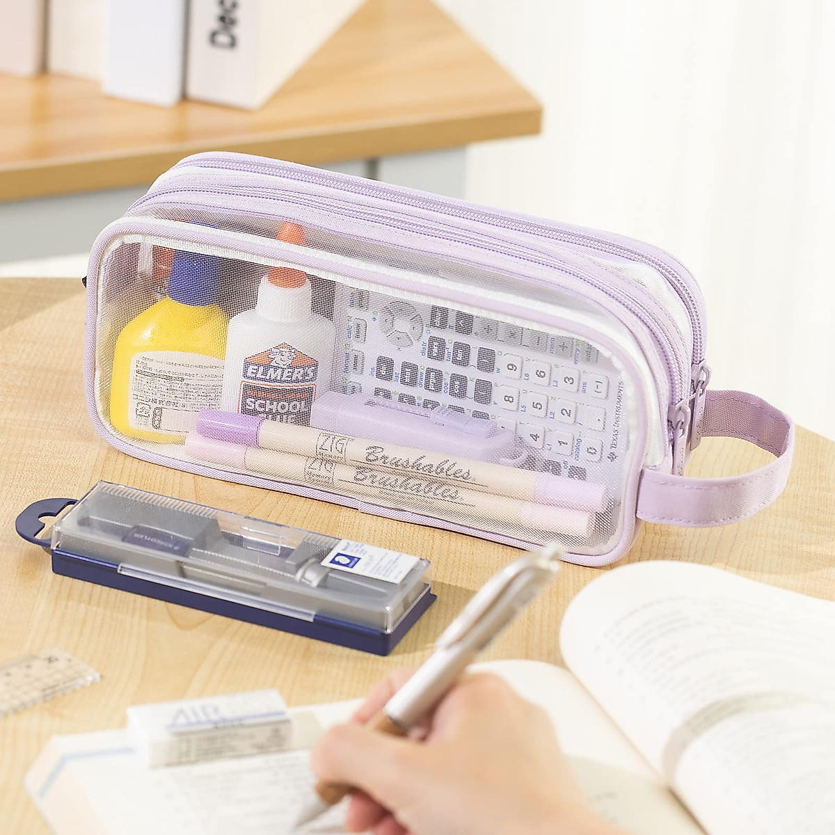ANGOOBABY Large Grid Mesh Pencil Case 2 Compartment Pen Bag Clear Handheld Multifunction Pencil Pouch Transparent Makeup Bag for Teen Student College Business Travel Office Adult - Purple