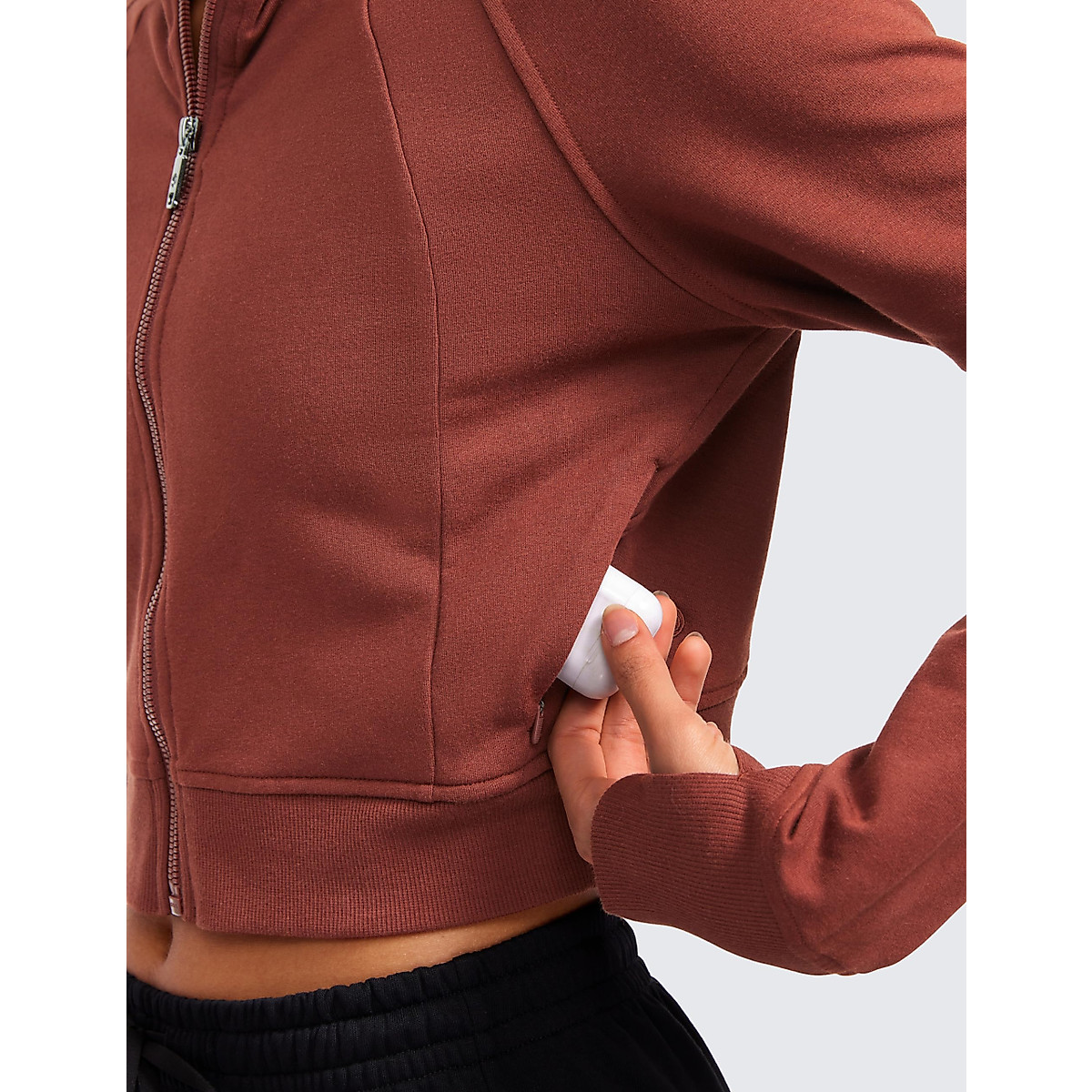 CRZ YOGA Womens Fleece Zip Up Cropped Hoodie Workout Jacket Athletic Casual Long Sleeve Sweatshirts with Thumb Holes Jujube Brown Large