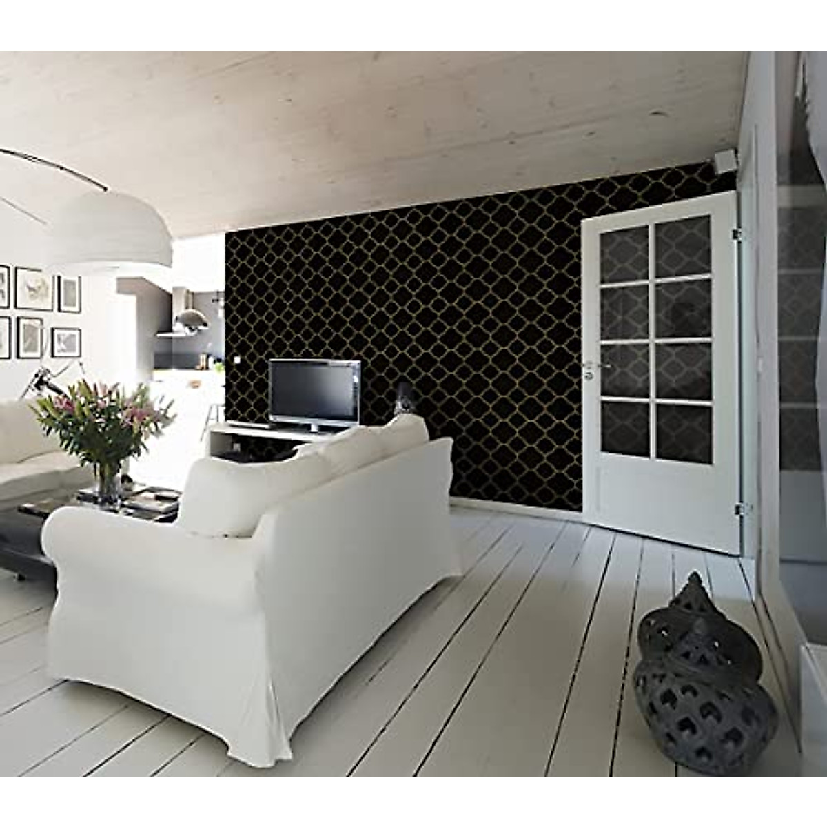 Feisoon 17.7"x118" Black and Gold Wallpaper Geometric Wallpaper Trellis Pattern Peel and Stick Wallpaper Removable Modern DIY Contact Paper Self Adhesive Wallpaper for Living Room Bathroom Decor