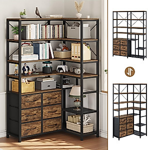 HAUOMS Corner Bookshelf, 7-Tier Industrial Convertible Book Shelf with 6 Fabric Drawers, Corner Bookcase Freestanding Display Shelf for Living Room, Kitchen, Home Office, Rustic Brown