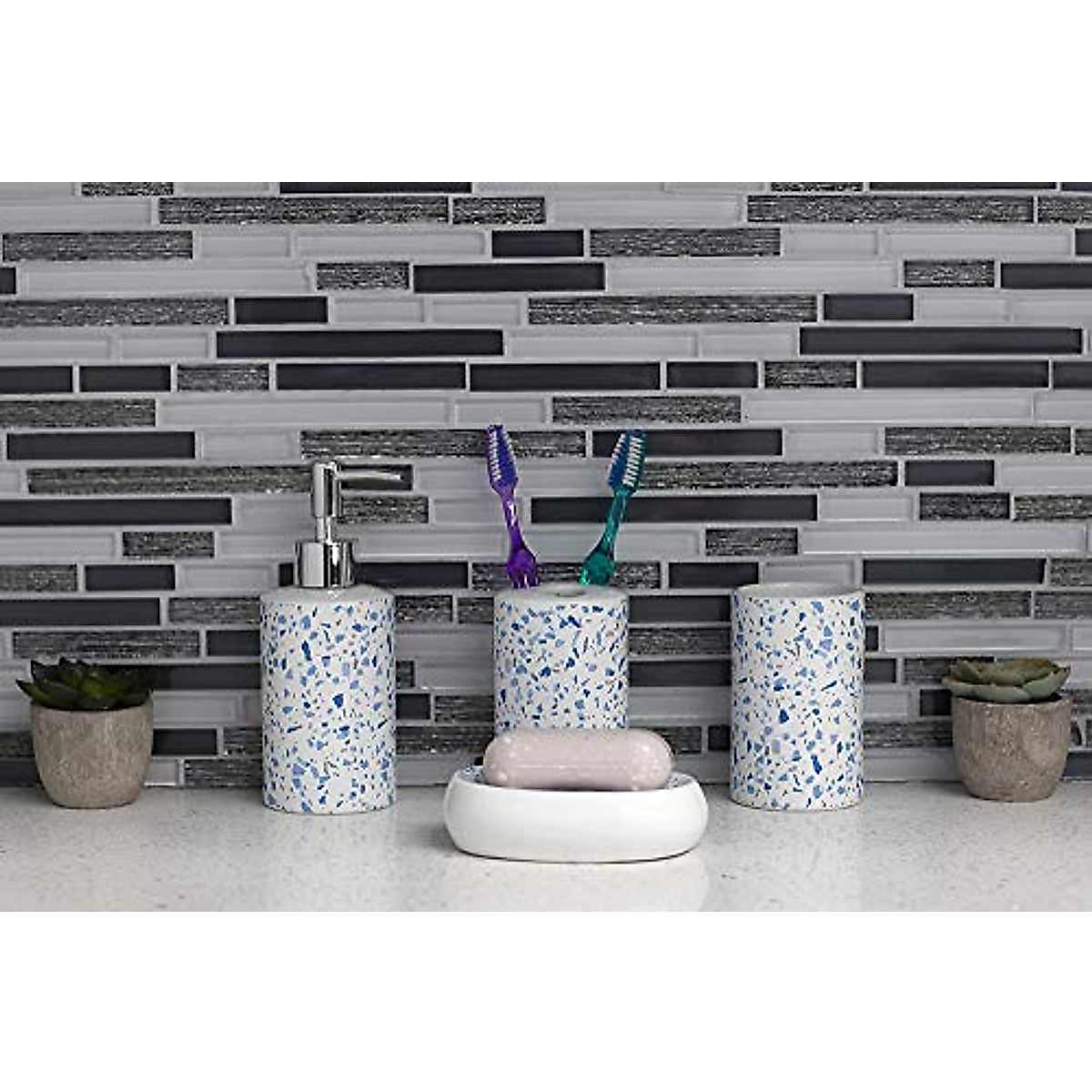 Home Basics, Blue Trendy Terrazzo 4 Piece Ceramic Bath Accessory Set