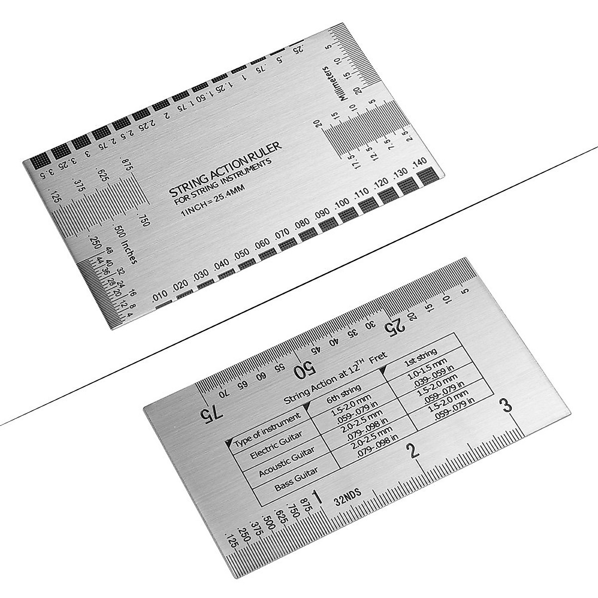 TIMESETL 2Pack Stainless Steel Feeler Gauge Dual Marked Metric and Imperial Gap Measuring Tool 32 Blades + String Action Ruler Gauge Tool for Guitar Player & Luthier & Mechanic Auto Repair
