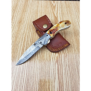 CLOUD KILT Handmade Pocket Folding Knife With Leather Sheath Premium Quality Best Hunting Gear Pocket Knives Gifts For Men (Camel Engraving Bone)