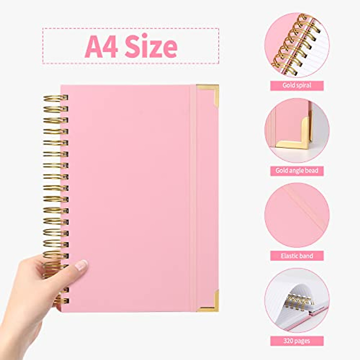 Ddaowanx Hardcover Spiral Notebook, College Ruled Notebook Journal, 8.5"x11", 320 Pages Leather Writing Journal for Women, 3 Subject A4 Hardcover Notebook for Work School (A4)