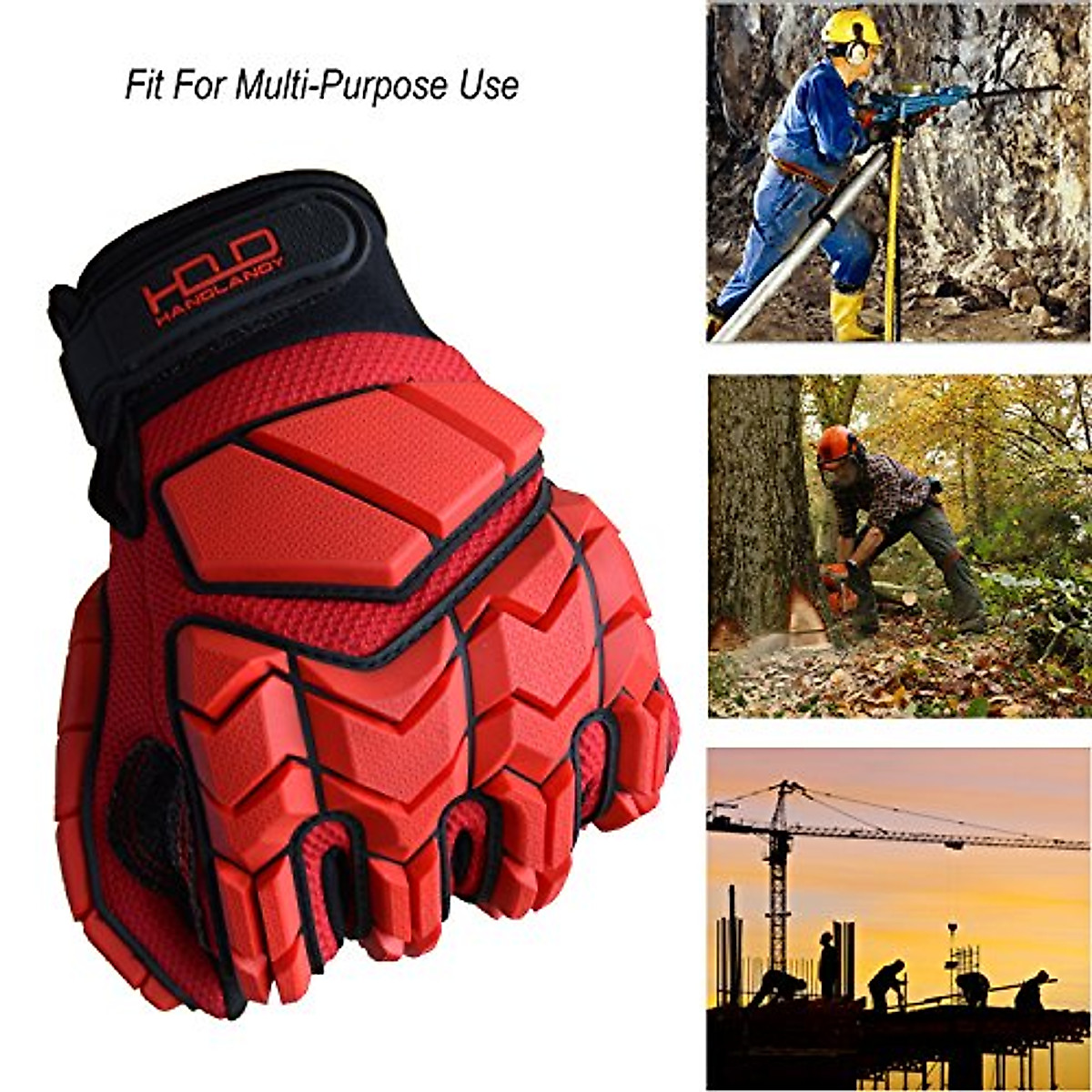 HANDLANDY Anti Vibration Gloves, SBR Padding, TPR Protector Impact Gloves, Men Mechanic Work Gloves (Large)