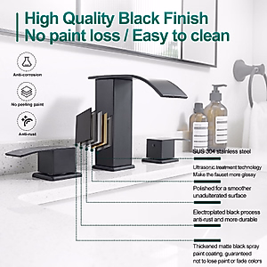 VOTON Waterfall Bathroom Faucets Black, Widespread Bathroom Sink Faucet 3 Hole with Drain Assembly, 8 Inch Modern Vanity 2-Handles Faucet
