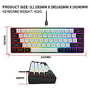 Snpurdiri 60% Wired Gaming Keyboard, RGB Backlit Ultra-Compact Mini Keyboard, Waterproof Small Compact 61 Keys Keyboard for PC/Mac Gamer, Typist, Travel, Easy to Carry on Business Trip(Black-White)