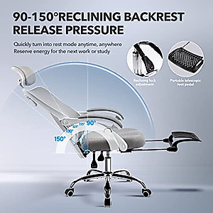 ACCHAR Ergonomic Office Chair, Reclining Mesh Chair, Computer Desk Chair, Swivel Rolling Home Task Chair with Padded Armrests, Adjustable Lumbar Support and Headrest (Grey with Footrest)