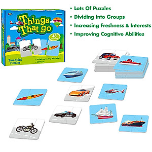 48 Vehicle Matching Puzzles with Error-Correction Mechanism Pre-Primer in 2 Pieces, Perfect for Preschool Learning (24 Blocks Double Sided)
