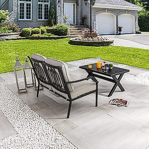 LOKATSE HOME Outdoor Loveseat and Coffee Table Metal Conversation Set Patio Furniture with Cushions for Poolside Backyard Lawn, Beige