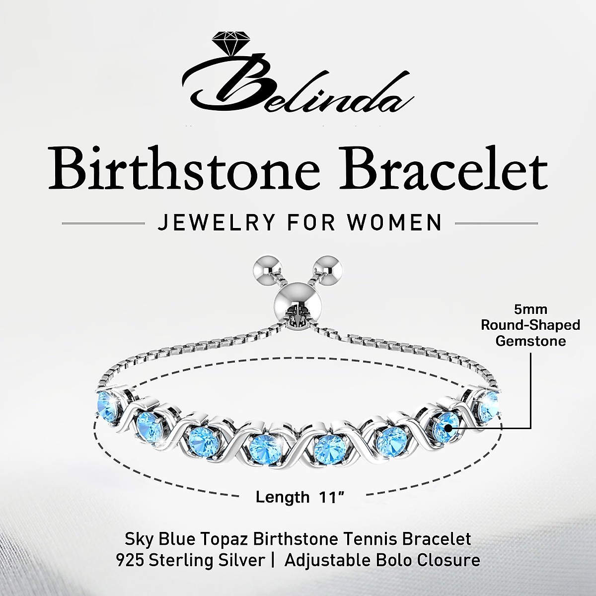 Belinda Jewelz - Birthstone Bangle Bracelet, Birthstone Bracelets for Women with 8 Round Stones, 925 Sterling Silver Adjustable Bracelet, Blue Topaz Birthstone Jewelry with Bolo Closure, 11”