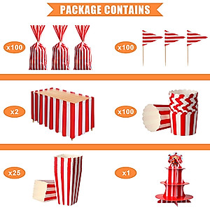 432 Pcs Circus Party Decorations Set Carnival Circus Balloon Garland Arch Kit Table Skirts 3 Tier Cupcake Stand Cupcake Wrappers Popcorn Boxes for Carnival Circus Birthday Halloween Party Decoration