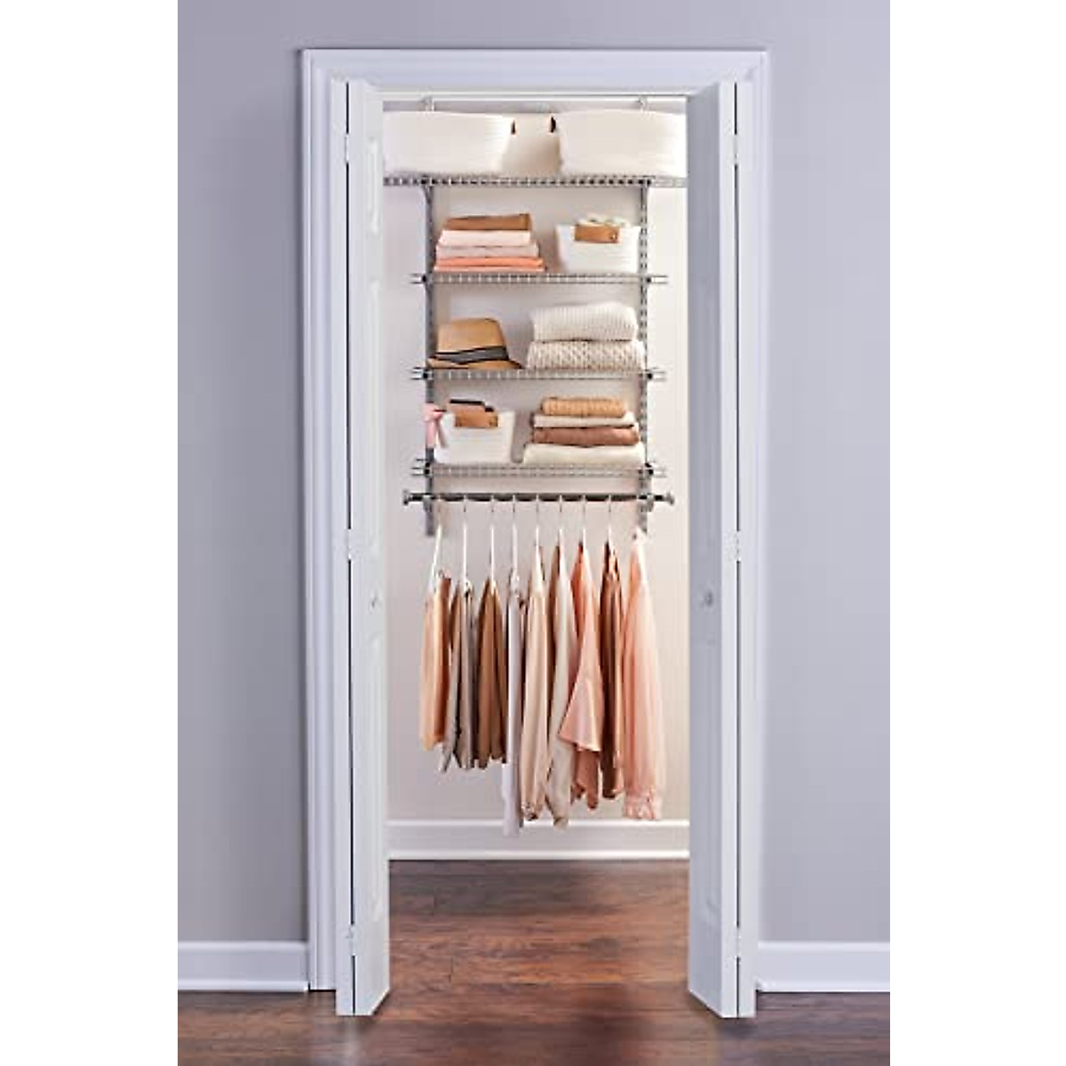 Rubbermaid Configurations Deluxe Custom Closet Kit, 3-6 Ft. Adjustable Metal Wire Shelving, Titanium Finish, Expandable Organization System, Hardware Included, for Home Closet/Pantry/Laundry/Mudroom