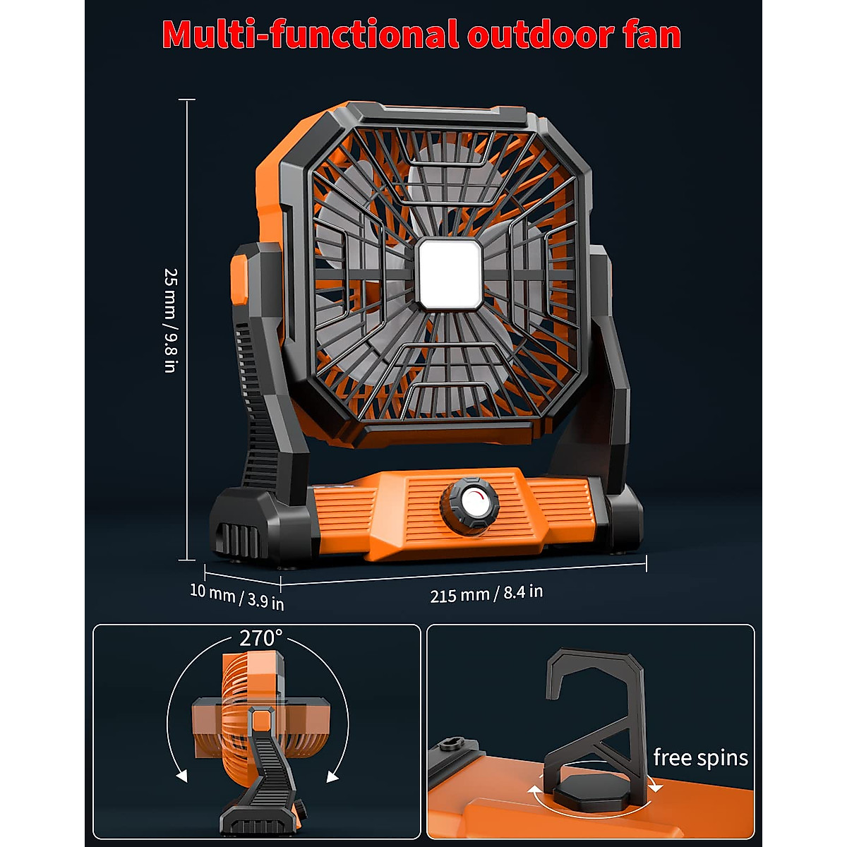 GIPAOE Personal Fan Camping rechargeable, 20000mAh Battery powered fan with LED Lantern,270°Head Rotation, Small Table/USB Desk Fan Portable with Hanging Hook for Travel Camping Tent Office, Orange