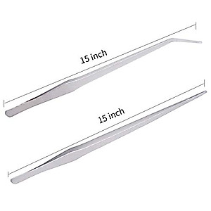 2-Pack 15 inch Heavy Duty Stainless Steel Long Tweezers, Curved and Straight Design with Anti-slip Grasp Tips Large Tongs for Reptiles Feeding, Aquascape Maintenance