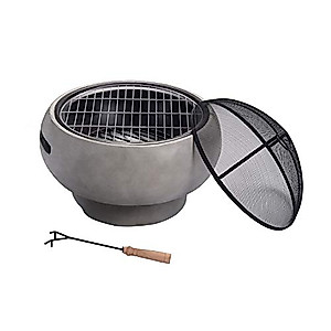 Teamson Home MGO Light Concrete Round Charcoal and Wood Burning Fire Pit for Outdoor Patio Garden Backyard with Spark Screen, Fireplace Poker, Grate, and BBQ Grill, Light Gray