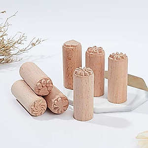 OLYCRAFT 7PCS 2x0.8 Inch Wood Pottery Tools Stamps Clay Stamps Column Wooden Stamps Natural Wood Stamps with Mixed Patterns Round Pottery Stamps Wooden Pottery Stamp for Clay and Ceramic