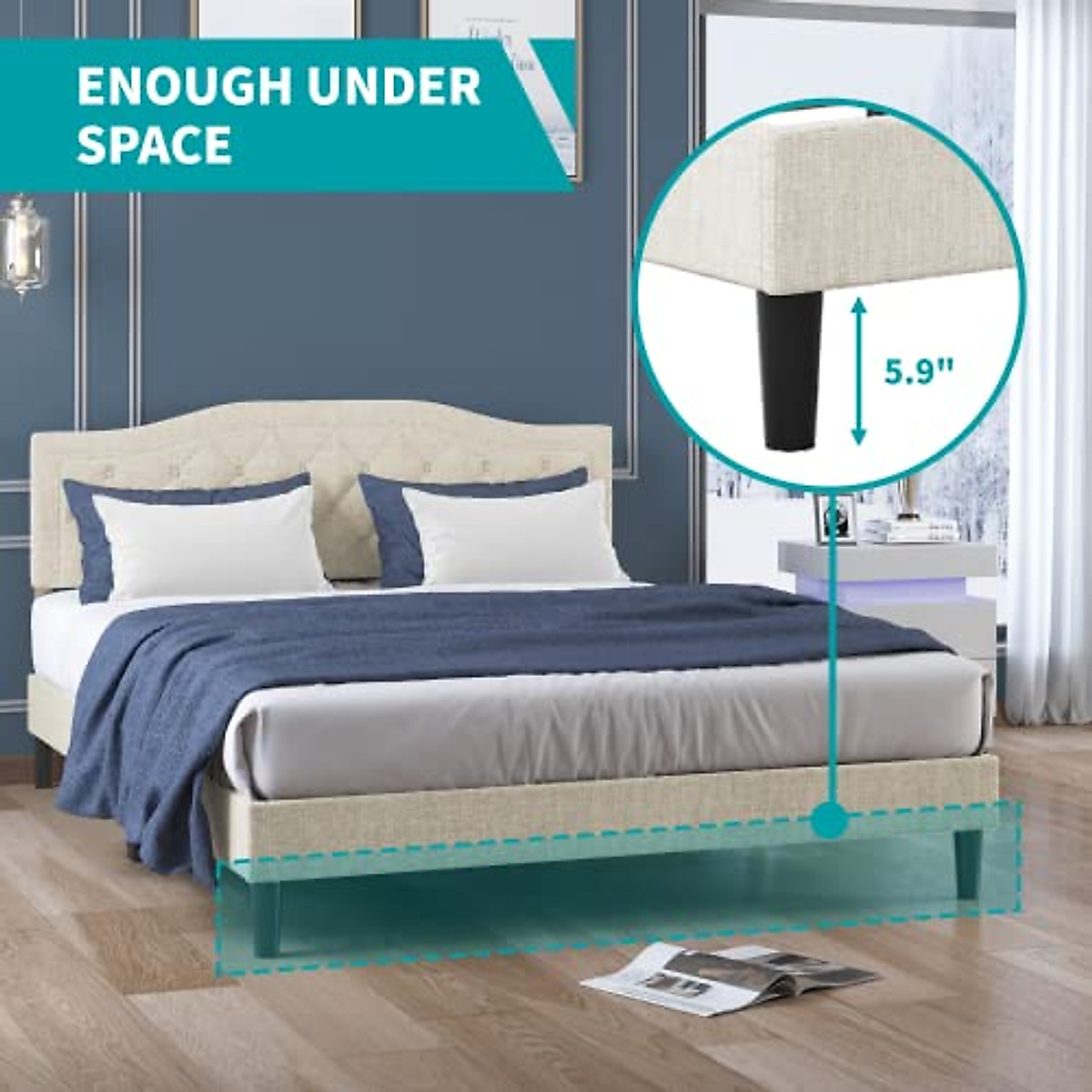 BALUS Upholstered Bed Frame with Headboard , Queen Platform Metal Bed Frame with Steel Slat Support / No Box Spring Needed / Easy Assembly/No Mattress,Beige