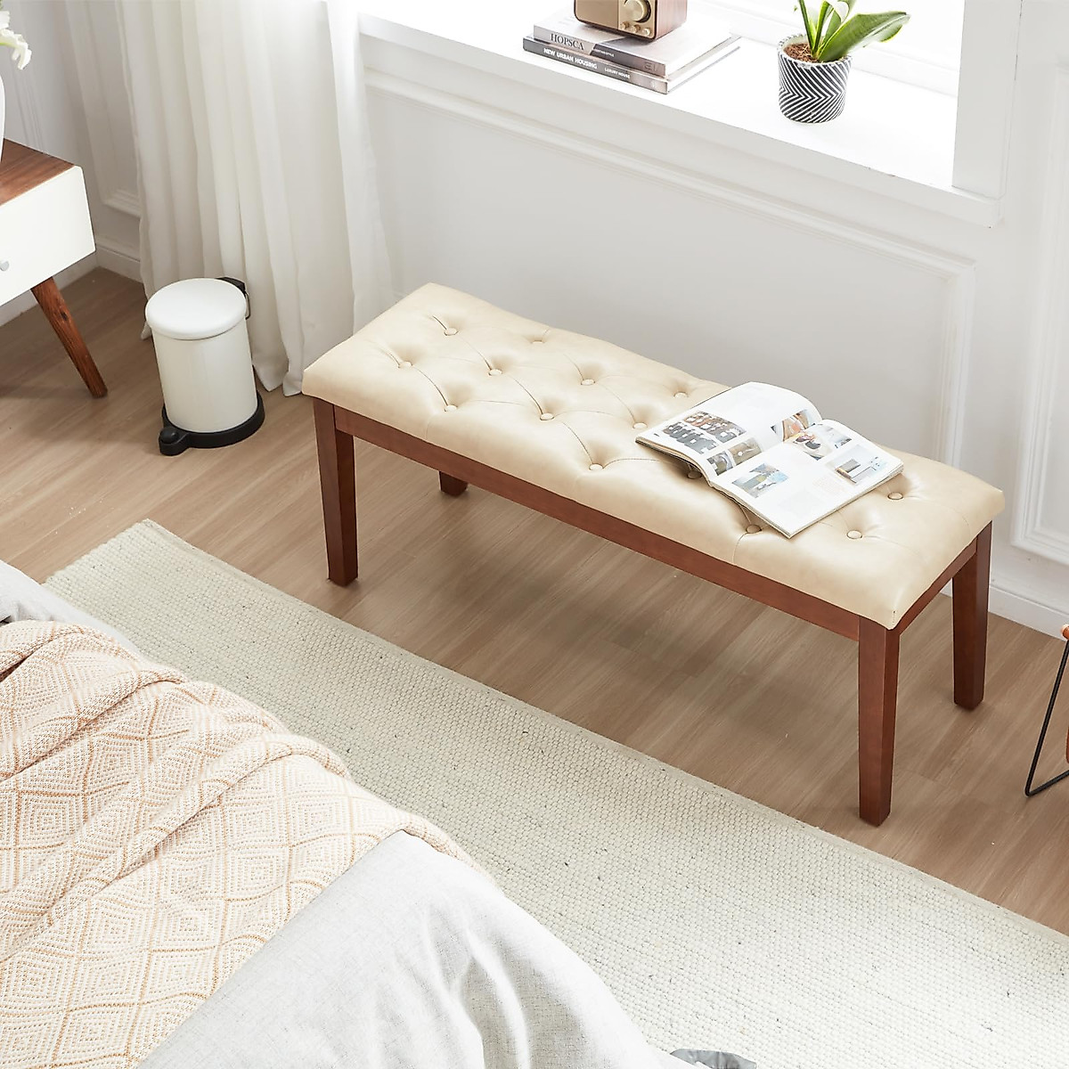 MILCIL Ottoman Bench Upholstered Padded Seat with Solid Wood Legs and Button-Tufted, Faux Leather Ivory