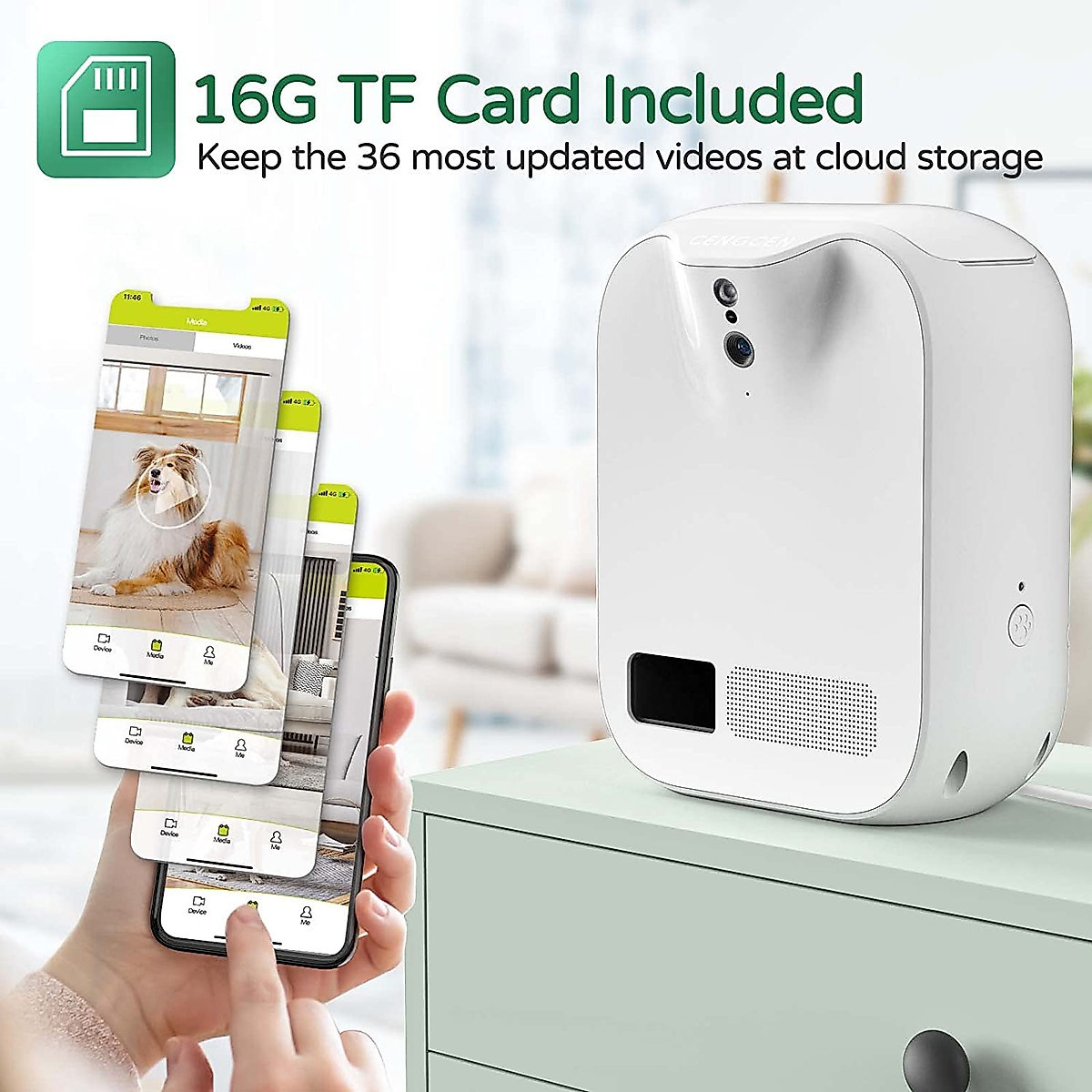 CENGCEN Pet Monitoring Camera Dog Treat Dispenser Two-Way Audio HD WiFi Dog Camera with 130° View, Remote Tossing App Compatible with Android/iOS, Night Vision, Wall Mounted - 2023 Pro