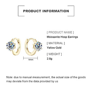 1.0CT Round Cut D Color Moissanite Hoop Earrings for Women,14K Gold Over 925 Silver Six Claw Moissanite Huggie Earrings,Fashion Jewelry Gift for Her