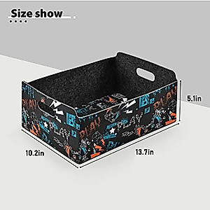 CaTaKu Foldable Storage Basket Gamer Cute Black Collapsible Felt Storage Bins with Handle Drawer Organizer Bin Cube Shelf Box for Organizing Closet Clothes Office Books Bedroom