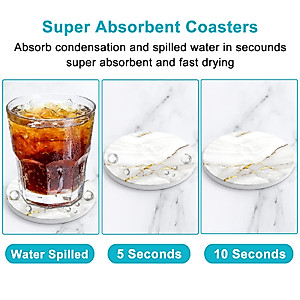 Nipichsha Coasters for Drinks, Set of 6 Marble Style Absorbent Ceramic Coasters with Holder and Cork Base, Cute Stone Drink Coasters for Cup Kitchen Home Decor Housewarming Gift, Round 4", Gold White