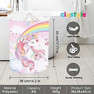 Clastyle Large Rainbow Unicorn Kid Laundry Hamper for Girl Collapsible Pink Flower Clothes Toy Storage Basket with Lid for Nursery