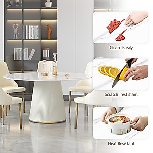 53'' Round Marble Dining Table for 4, Modern White Sintered Stone Top Kitchen Table for Dining Room,Faux Marble Circle Dining Table with Solid Wood Panel Pedestal,Wrapped in PU Leather(Only Table)