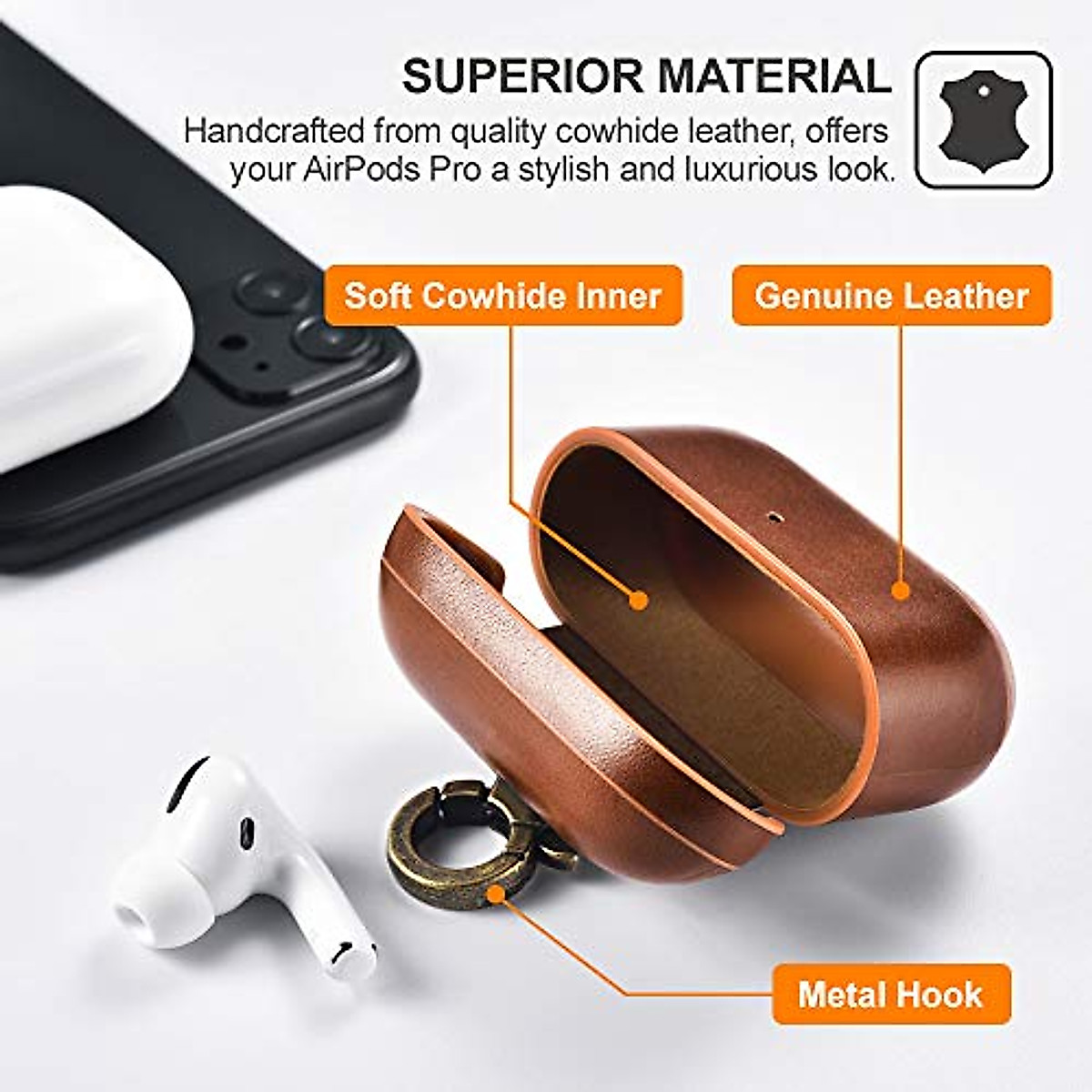 AirPods Pro Leather Case with Strap, ICARER Genuine Leather Portable Protective Shockproof Cover for Apple AirPods Pro case Keychain Support Wireless Charging (Brown)