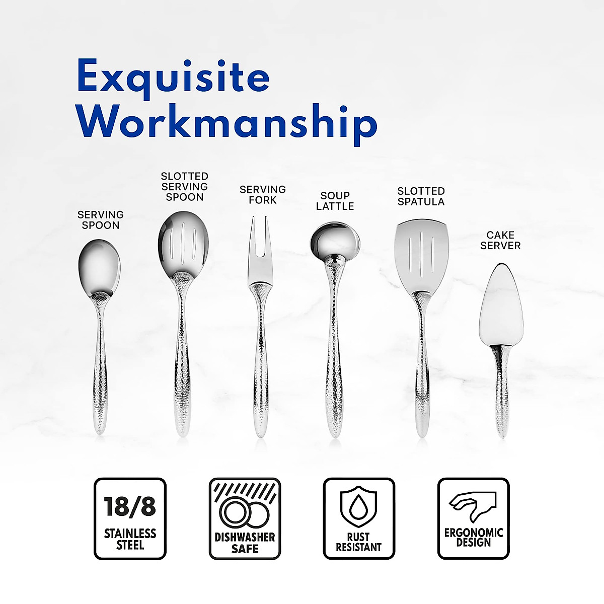 New Star Foodservice Mars Collection, Stainless Steel, 18/8 Hammered Hollow Handle Serving Spoon, 12.8-Inch