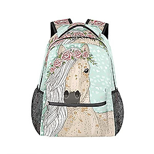 Horse School Backpack for Girls Boys, Animal Flower 16 Inch Kids Backpack Lightweight Water Resistant School Bag Student Bookbag, Laptop Backpack Travel Hiking Camping Daypack