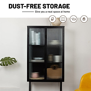 Retro Style Fluted Glass Storage Cabinet,Corner Cabinet Sideboard for Dining Room Entryway (Black)