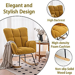 Krinana Teddy Fabric Nursery Rocking Chair, Rocker Armchair with Solid Wood Legs, Glider Chair Nursery with High Backrest for Living Room Apartment (Teddy Fabric,Yellow)