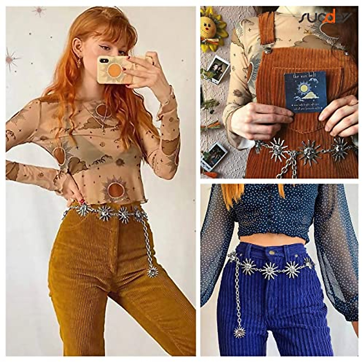 SUOSDEY Western Chain Belts for Women Cowgirl Concho Country Turquoise Belts Metal Adjustable Vintage Silver Belt