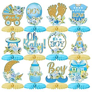 12Pcs Baby Shower Honeycomb Centerpieces Party Decor for Boys,Blue Gold Floral It's a Boys Gender Reveal 3D Table Centerpieces Decoration for Kids Baby Shower Party Photo Props Supplies