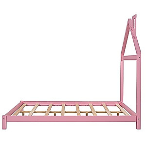 LostCat Full Size Wood Platform Bed with House-Shaped Headboard, Floor Bed with Solid Wood Slats, Full Size Kids House Platform Bed Wood Bed Frames for Boys,Girls, No Box Spring Needed, Pink