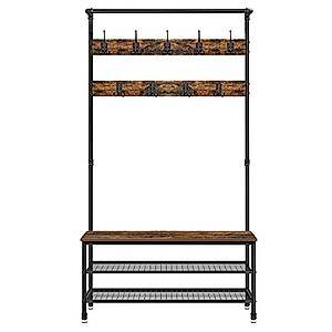 VASAGLE DAINTREE 3-in-1 Entryway Coat Rack and Storage Bench, Pipe Style Hall Tree with 9 Hooks, Multifunctional, Sturdy Steel Frame, Large Size, Industrial, Rustic Brown and Black UHSR47BX