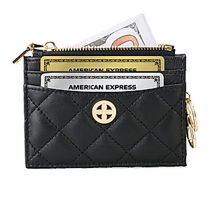 PEONY SUPREME Luxury Black Quilted Leather Card Case with Snap Hook and Key Ring Holder Credit Small Wallet Compact Business Money Organizer Gift for Women Girl