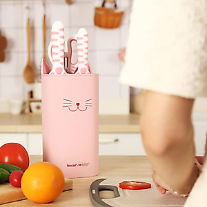 hecef Cute Kitchen Knife Set,5-piece Non-Stcik Knives Set with Detachable Block and Scissors,Sharp Kitchen Knives for Chopping, Slicing, Dicing and Cutting, Gift Housewarming Birthday (Pink)