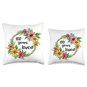100th Birthday Gift Apparel 100th Birthday100 Years Loved Funny Gifts for Women, Grandma Throw Pillow, 16x16, Multicolor