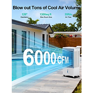 Uthfy Evaporative Air Cooler, 6000 CFM Swamp Cooler with 13.5 Gallon Water Reservoir, 120°Oscillation Portable Air Cooler with Remote Control, 12H Timer, 3 Wind Speeds for Outdoor Indoor Use