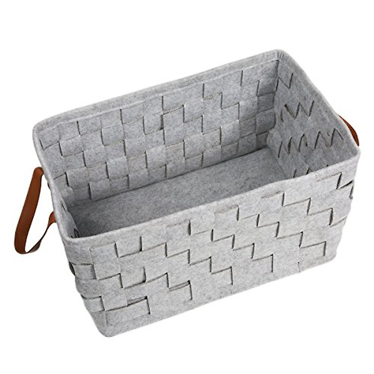 Felt Storage Baskets Organizer, Home Decoration Fabric Folding Knitted Organizers Box Cubes with Leather Handles (Rectangle-Lightgary)