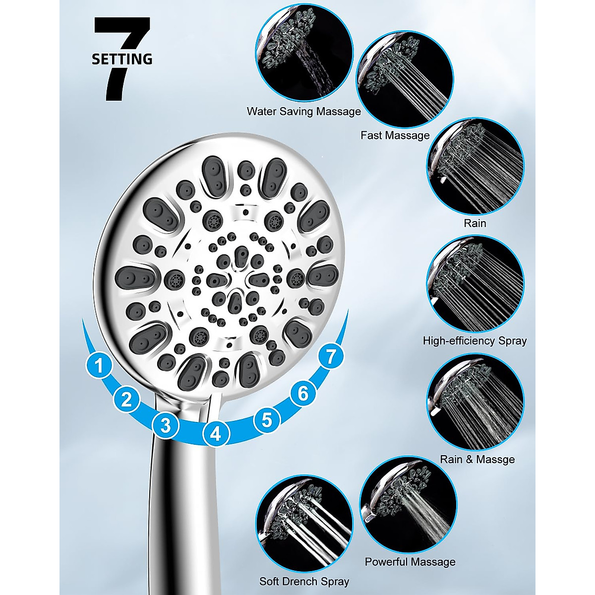 Hibbent All Metal Shower Head,10'' High Pressure Rain Shower Head/Handheld Showerhead Combo with 16'' Adjustable Arc-shaped Shower Extension Arm, 7-Spray, 71'' Hose Adhesive Showerhead Holder, Chrome