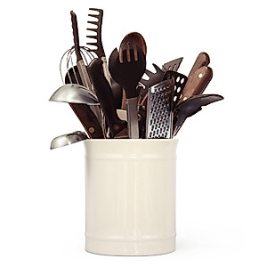 Sanbege Ceramic Utensil Crock with Ice Crack Pattern, 6.8" Large Kitchenware Caddy, Utility Utensil Holder for Cooking Tools, Makeup Brushes, Flowers, Wine Bucket (Cream White)