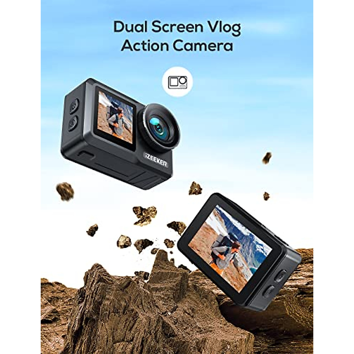 iZEEKER Action Camera 4K 24MP with Touchscreen, 40M Underwater Camera Waterproof, Dual Screen Vlog Camera with EIS3.0, WiFi, Remote Control with 2X 1350mAh Batteries,Charger and Accessory Kit-iA800