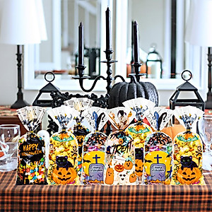 RICEDUO Halloween Cellophane Treat Bags, Halloween Trick or Treat Goody Gags 100pcs with Twists for Snacks Cookies Packing, Goodie Bags Halloween Party Supplies