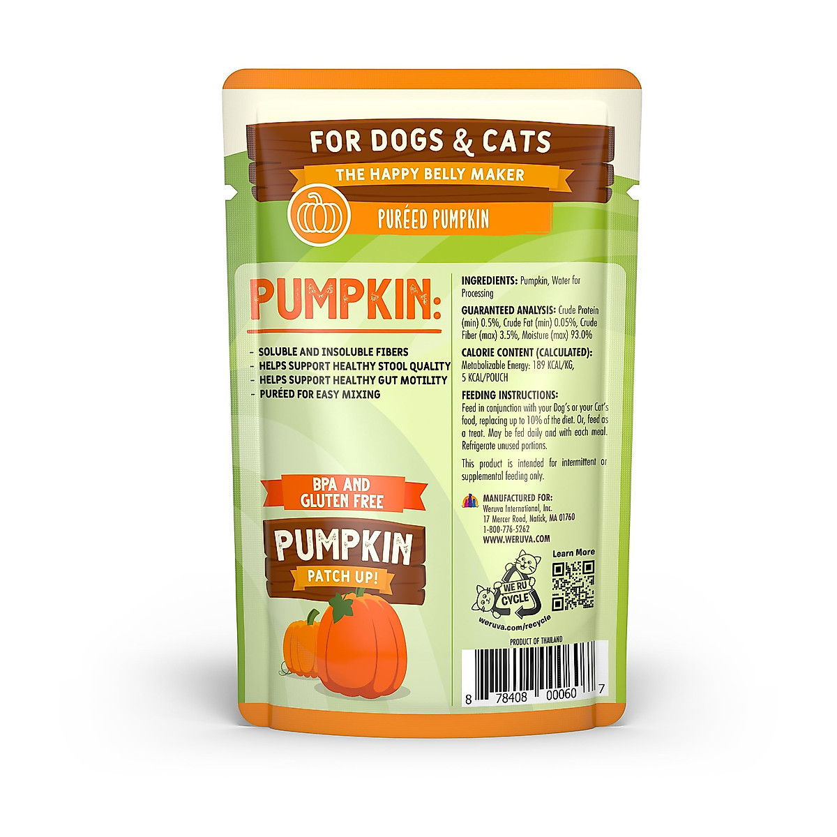 Weruva Pumpkin Patch Up! Pumpkin Puree Pet Food Supplement for Dogs & Cats, 1.05oz Pouch (Pack of 12)