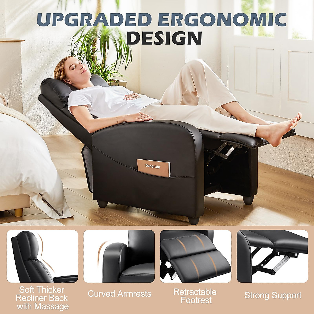 Recliner Chair for Adults, Massage Reclining Chair for Living Room, Adjustable Modern Recliners Chair, Home Theater Seating Single Sofa Recliner with PU Leather Padded Seat Backrest (Black)